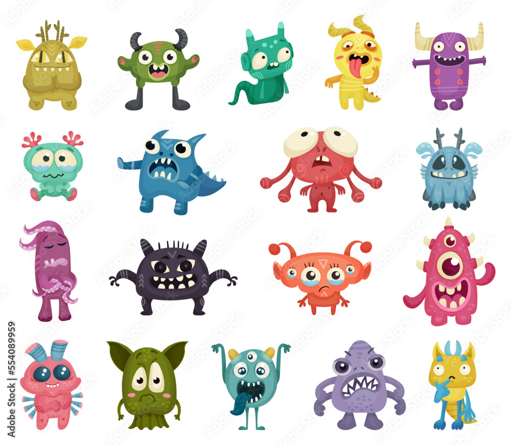 Cute Little Cartoon Monsters with Different Facial Expression Big ...