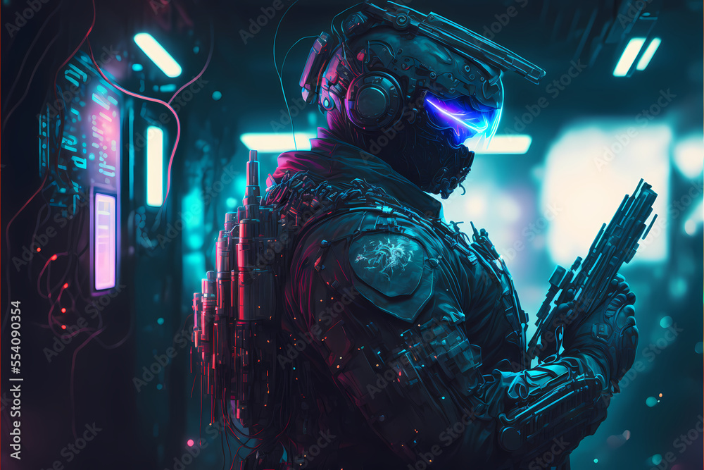 Cyberpunk futuristic super soldier woman standing in full armor with ...