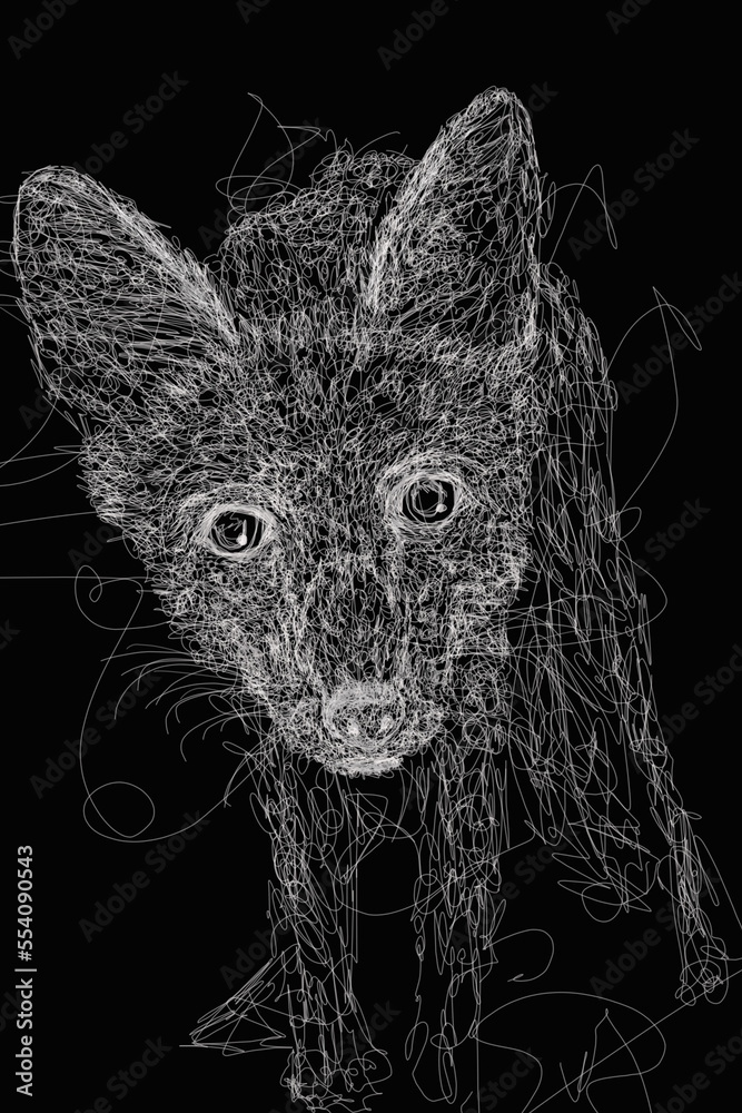 scribble line art drawing style. wolf white linear design isolated on black background Stock ...