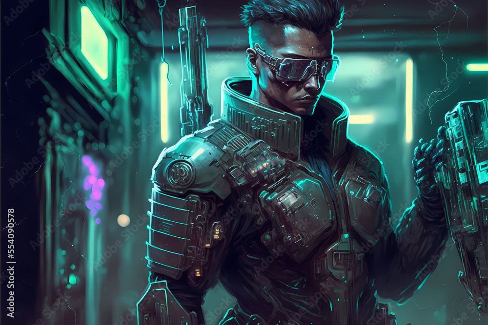 Cyberpunk futuristic super soldier woman standing in full armor with ...