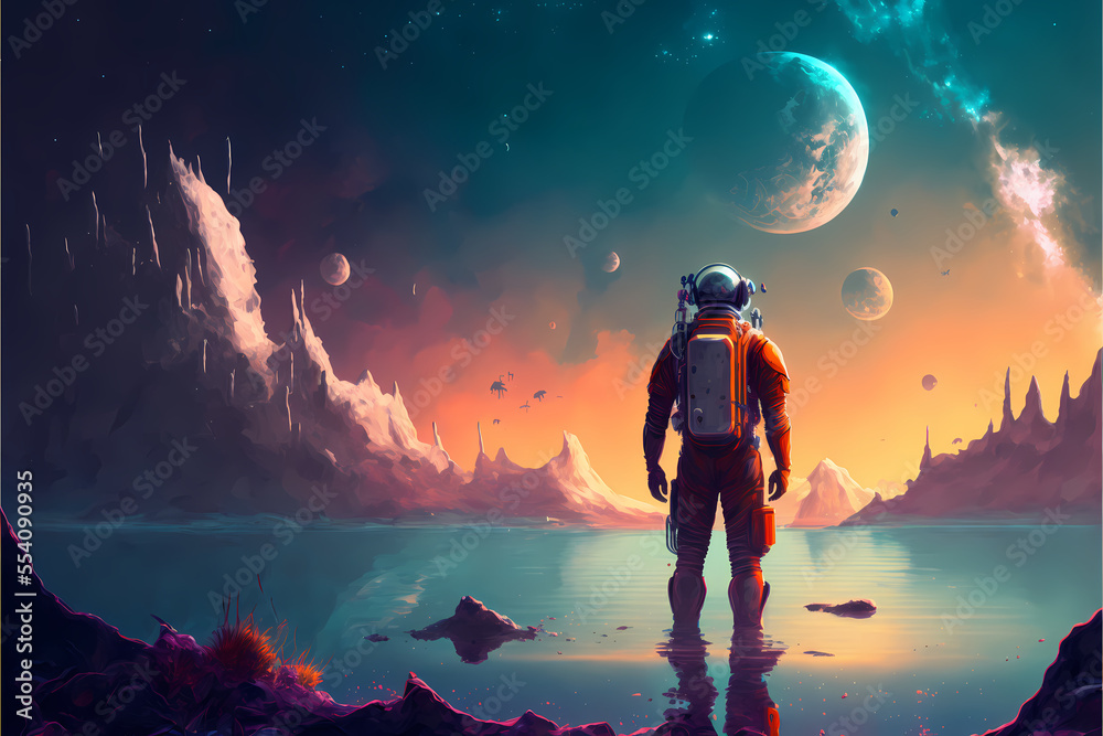 Astronaut standing backwards in a blue sea and looking in the sky at a ...