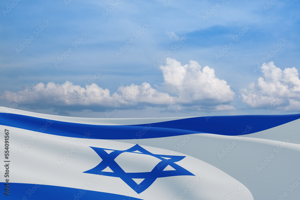 Israel flag with a star of David over cloudy sky background. Patriotic ...
