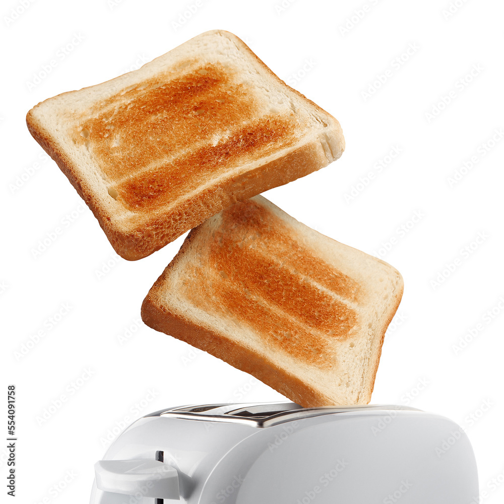 Roasted toasts popping out of a toaster, isolated on white background ...