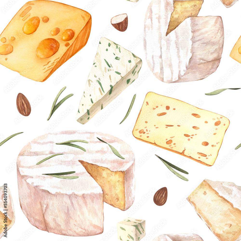 Watercolor collection of different types of cheese. Hand painted ...