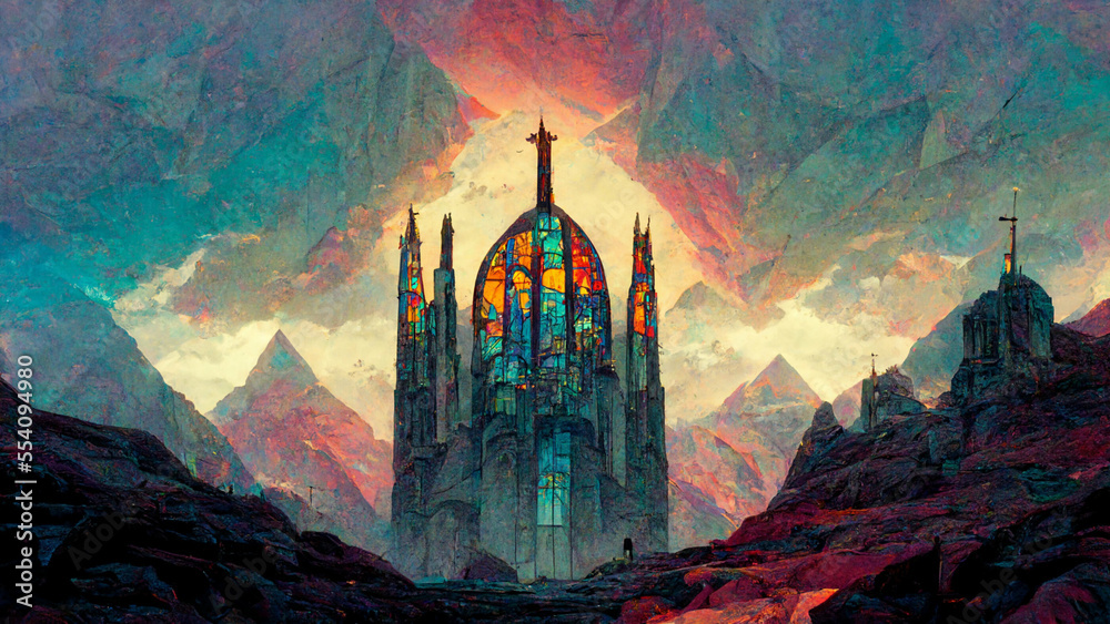 Epic Stained Glass Cathedral in the Mountains Stock Illustration ...