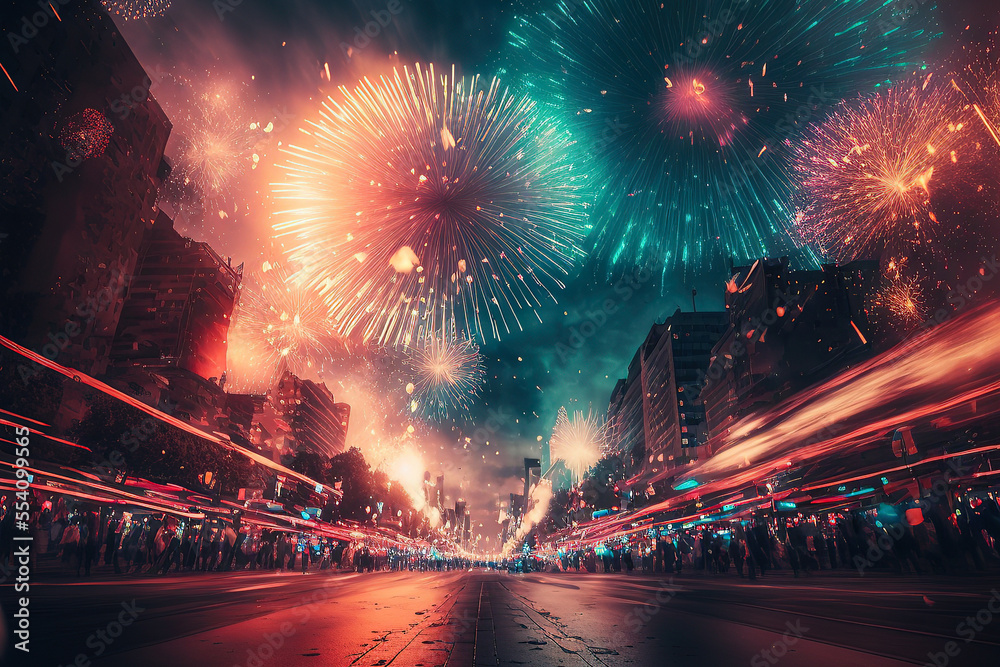 New Years Fireworks, Brightly colorful fireworks in the night city ...