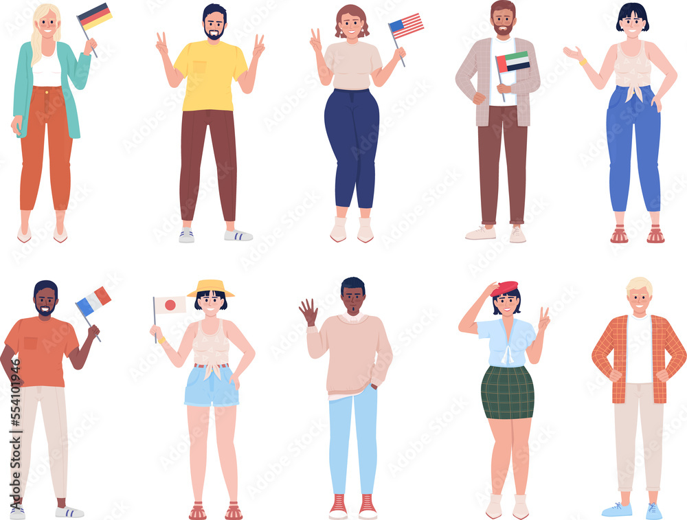 Multicultural society semi flat color raster character set. Standing ...
