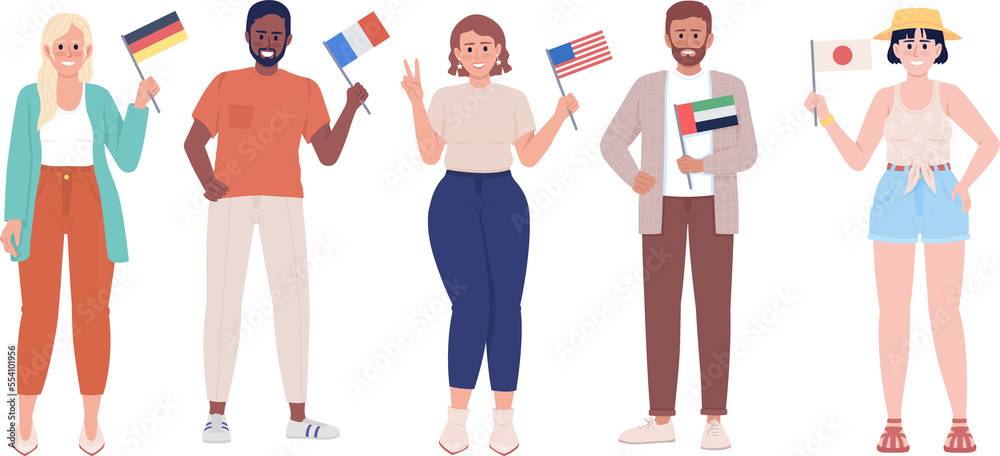 People with country flags semi flat color raster characters. Standing ...