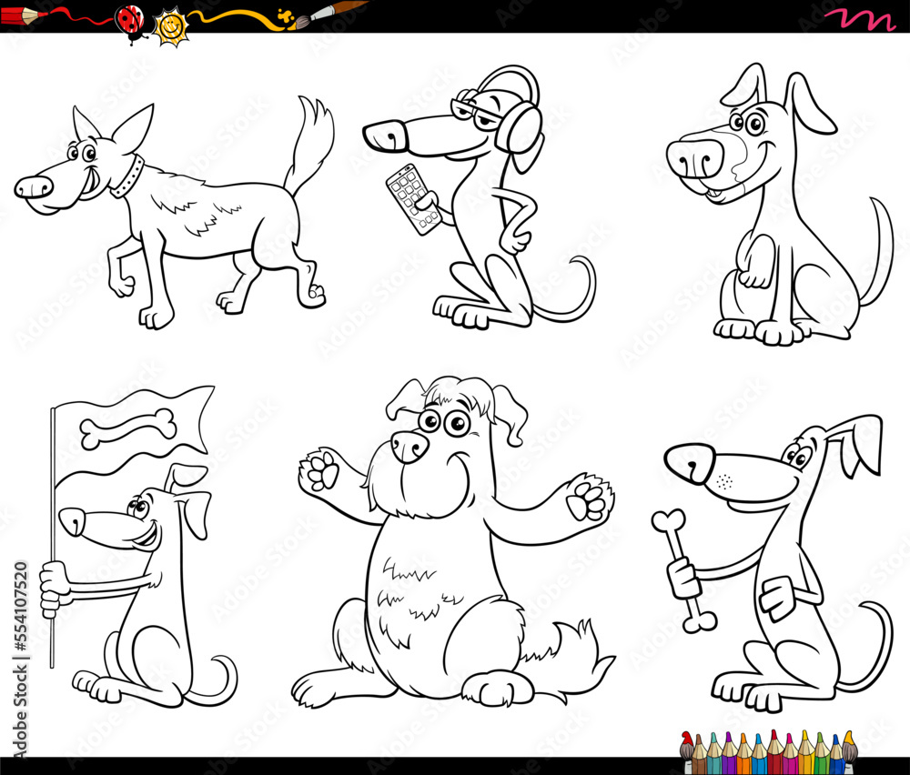 cartoon dogs animal characters set coloring page Stock Vector | Adobe Stock