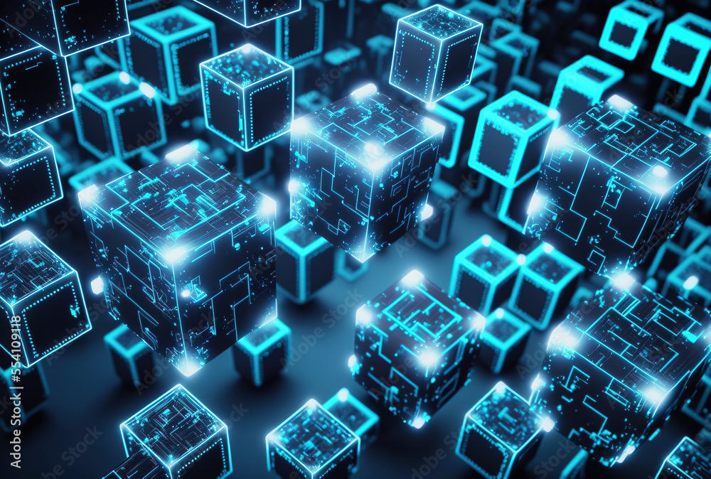 blockchain technology idea abstract futuristic cubes in the form of big data backdrop ...