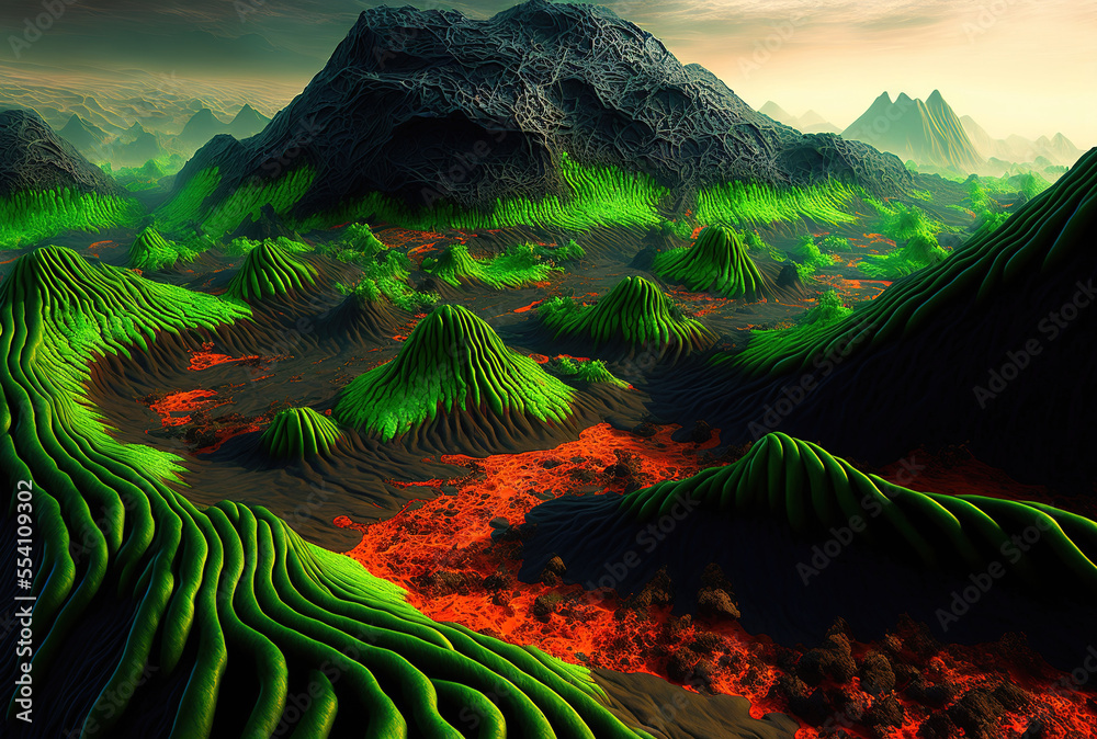 Neural network generated artwork of an alien planet's lava field and ...