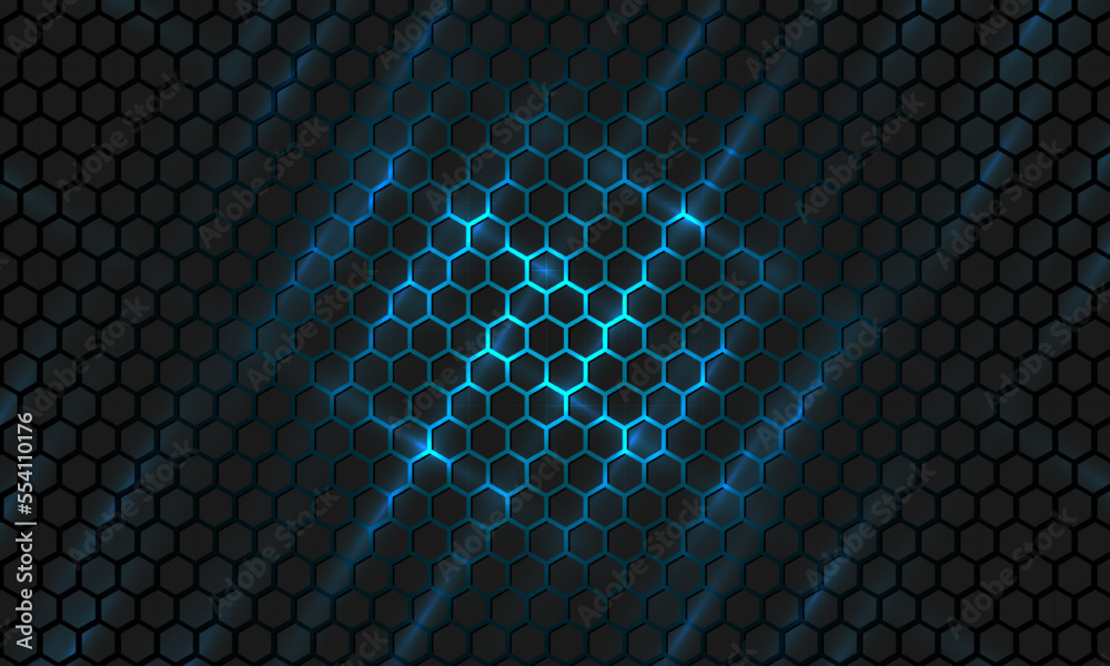 Black hexagonal technology abstract vector background. Blue bright ...