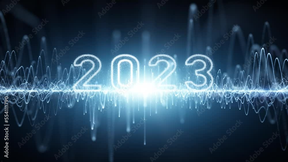 Digital technology detailed wavy lines on black background with 2023 ...