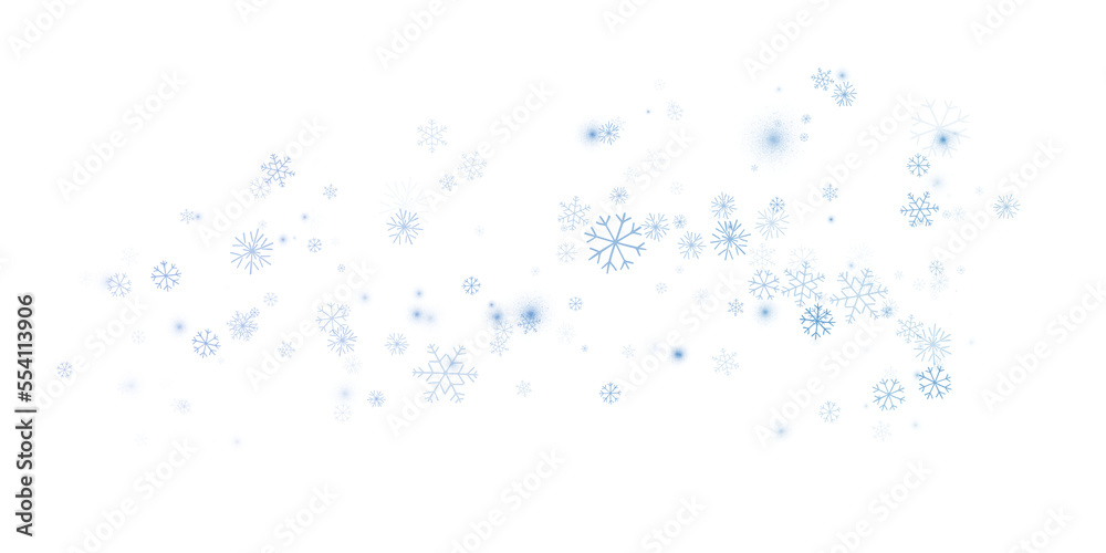 Snow background, a scattering of blue snowflakes on a transparent ...