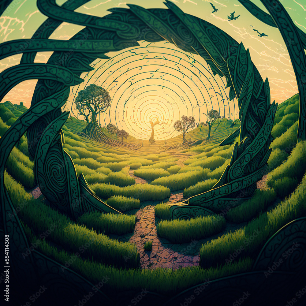 Gate opens to the green labyrinth in the forest at sunset background ...