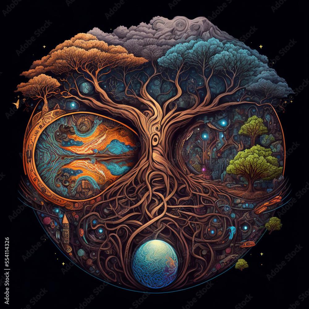 Colorful illustration of mystic tree of life. Concept of Earth Day. AI ...