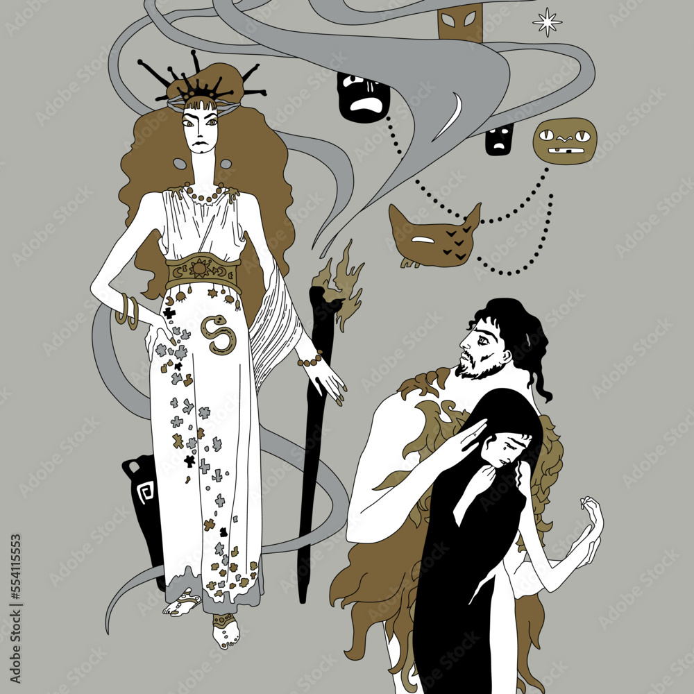 Medea, Jason and sorceress Circe. Ancient Greek mythology. Hand drawn fine art. On gray ...