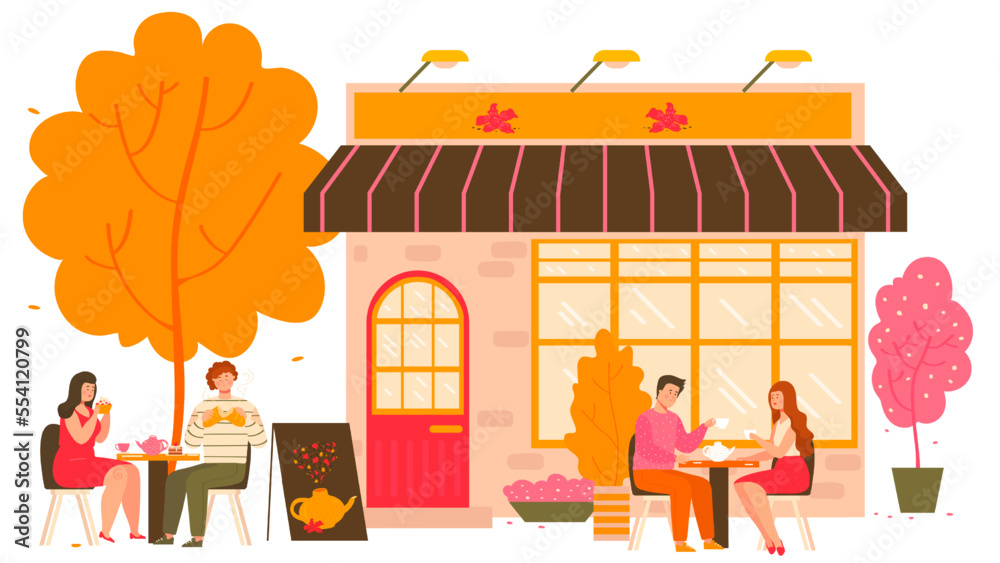 Tea house in autumn city with tables outdoors and people drinking hot ...