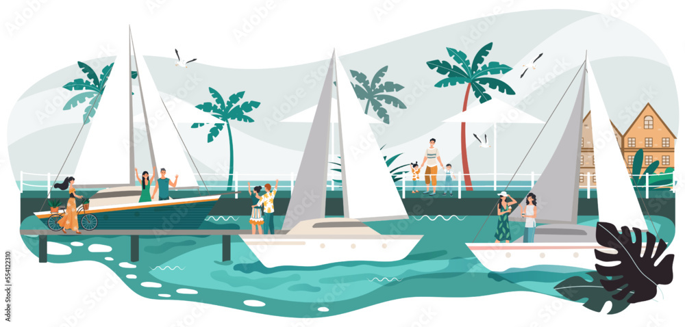 Seaside promenade summer landscape, people on yacht in sea, tropical ...