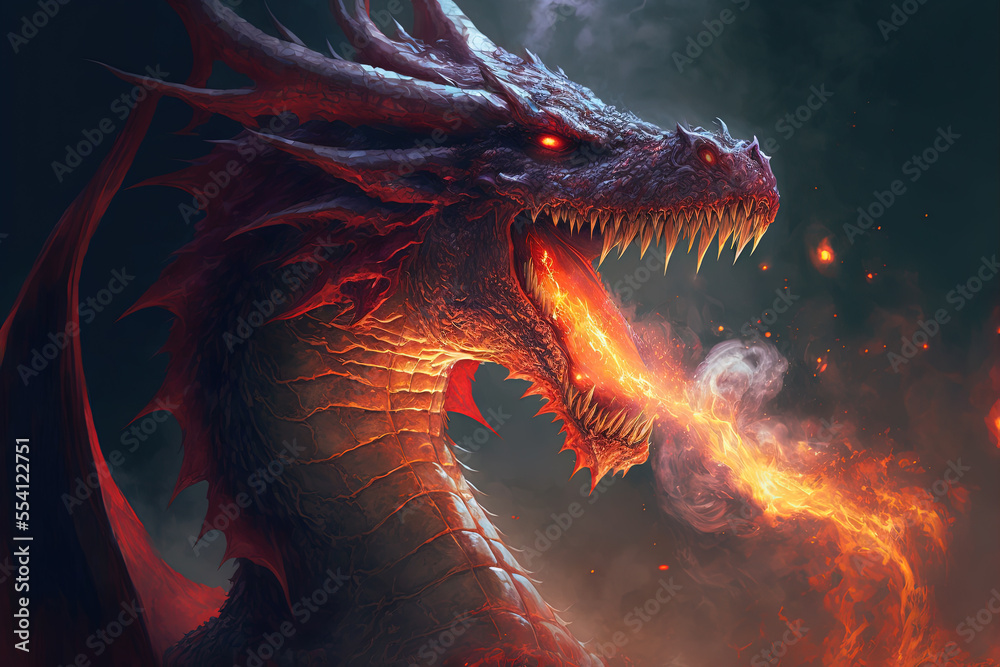 Red dragon breathing fire. Mythology creature. Dark fantasy ...