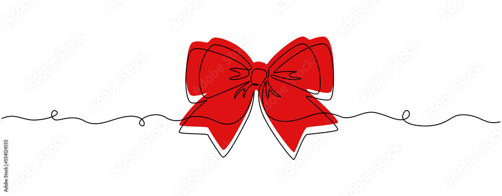 One continuous line drawing of gift ribbon red bow. Christmas and ...