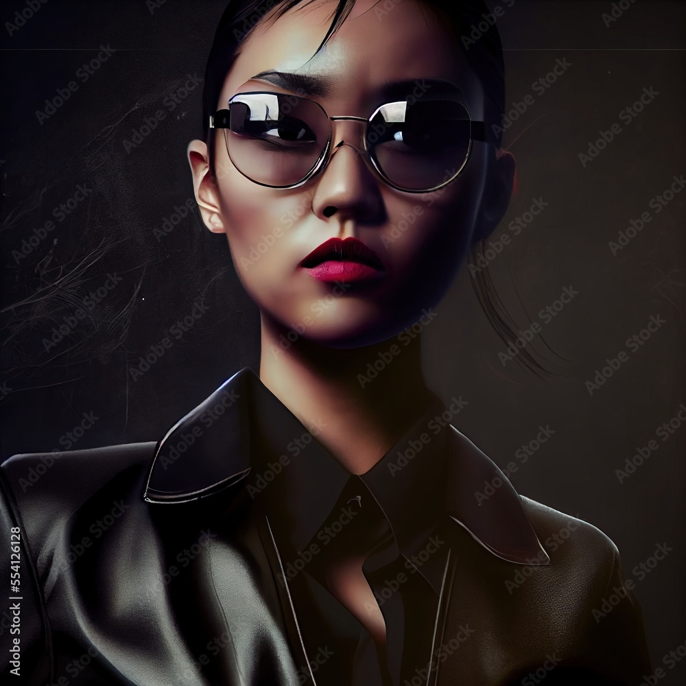Portrait of a beautiful female secret agent in a black leather jacket ...