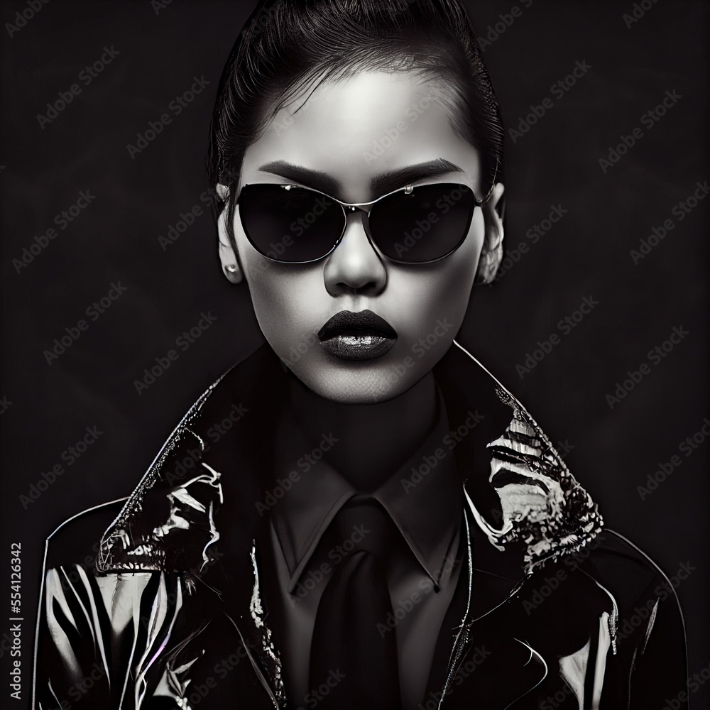 Portrait of a beautiful female secret agent in a black leather jacket ...