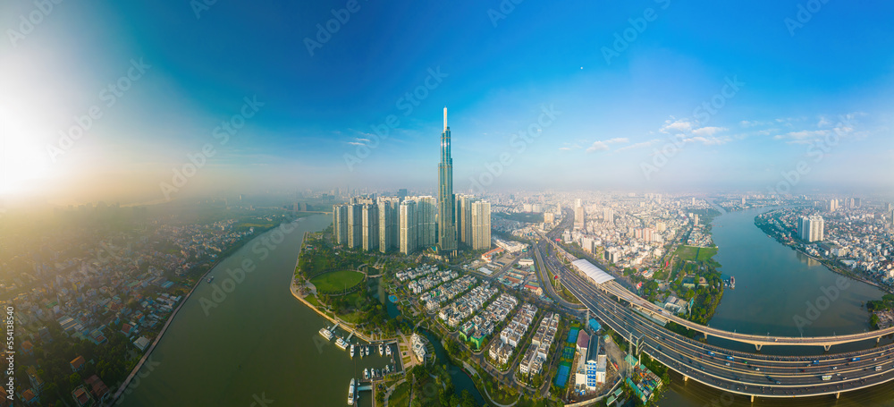 Aerial sunrise view at Landmark 81 - it is a super tall skyscraper and ...