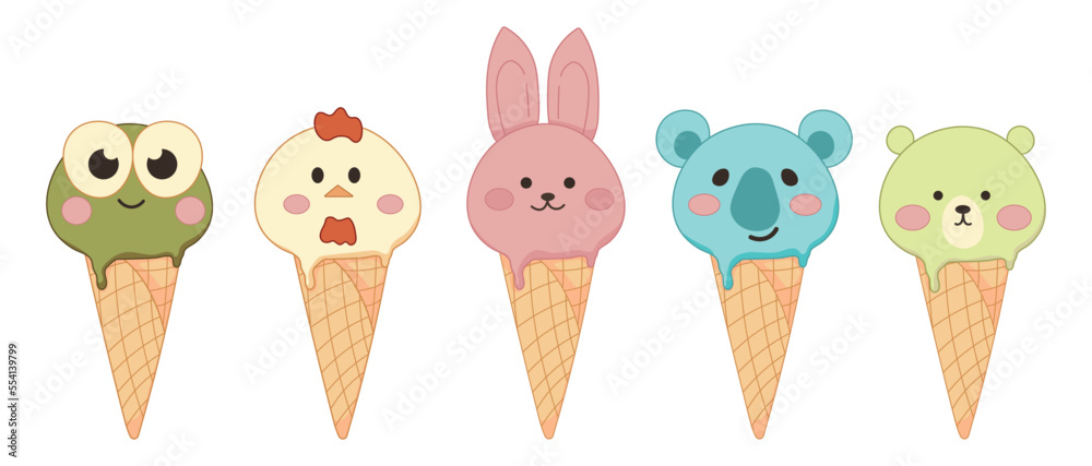Cute asian animal shaped ice cream set. Mascot characters Frog, chicken ...