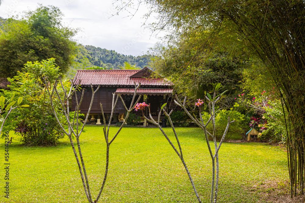 Traditional local wooden house in the forest of the Malaysian island ...