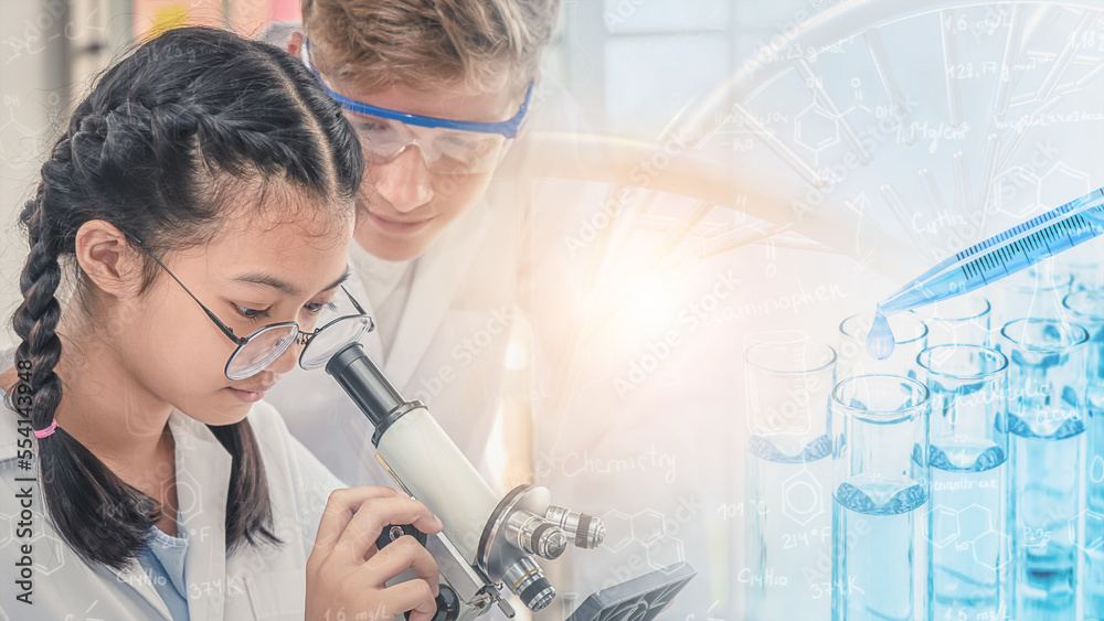 school students using microscope in science laboratory class Stock ...
