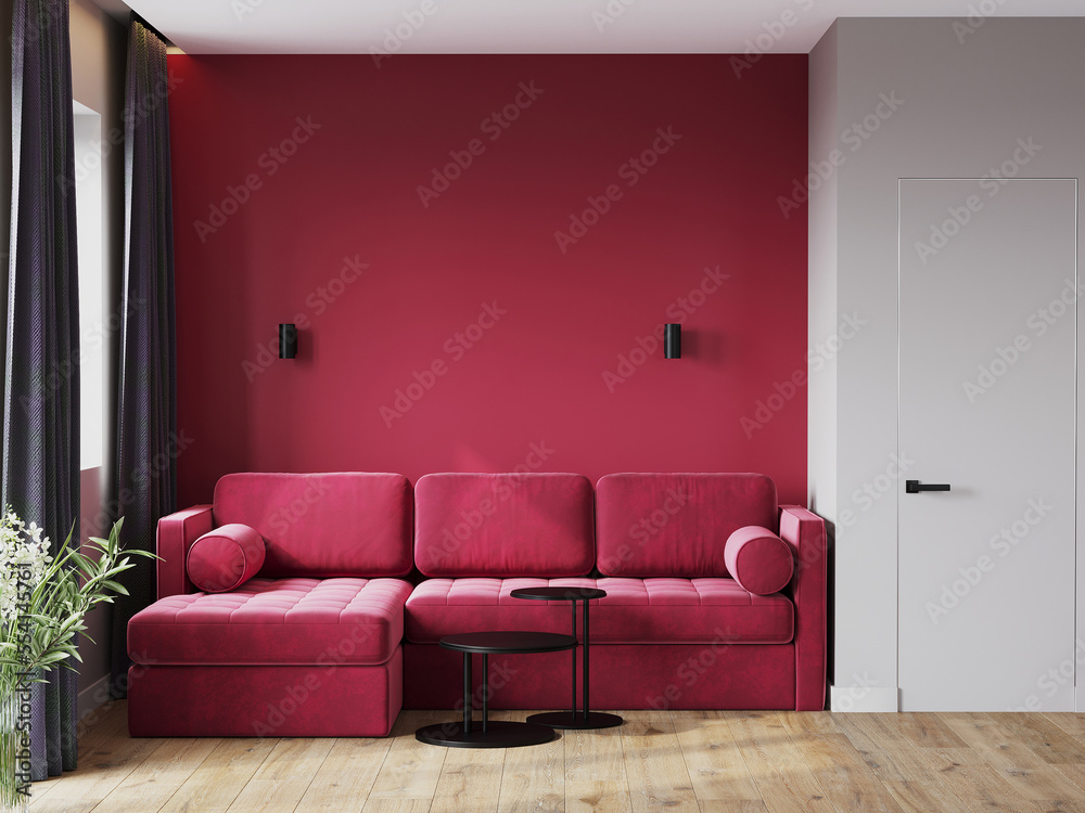Livingroom in viva magenta 2023 color. Blank empty bright room interior ...