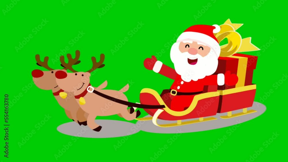 cartoon animation of santa claus bringing gifts, on green screen ...
