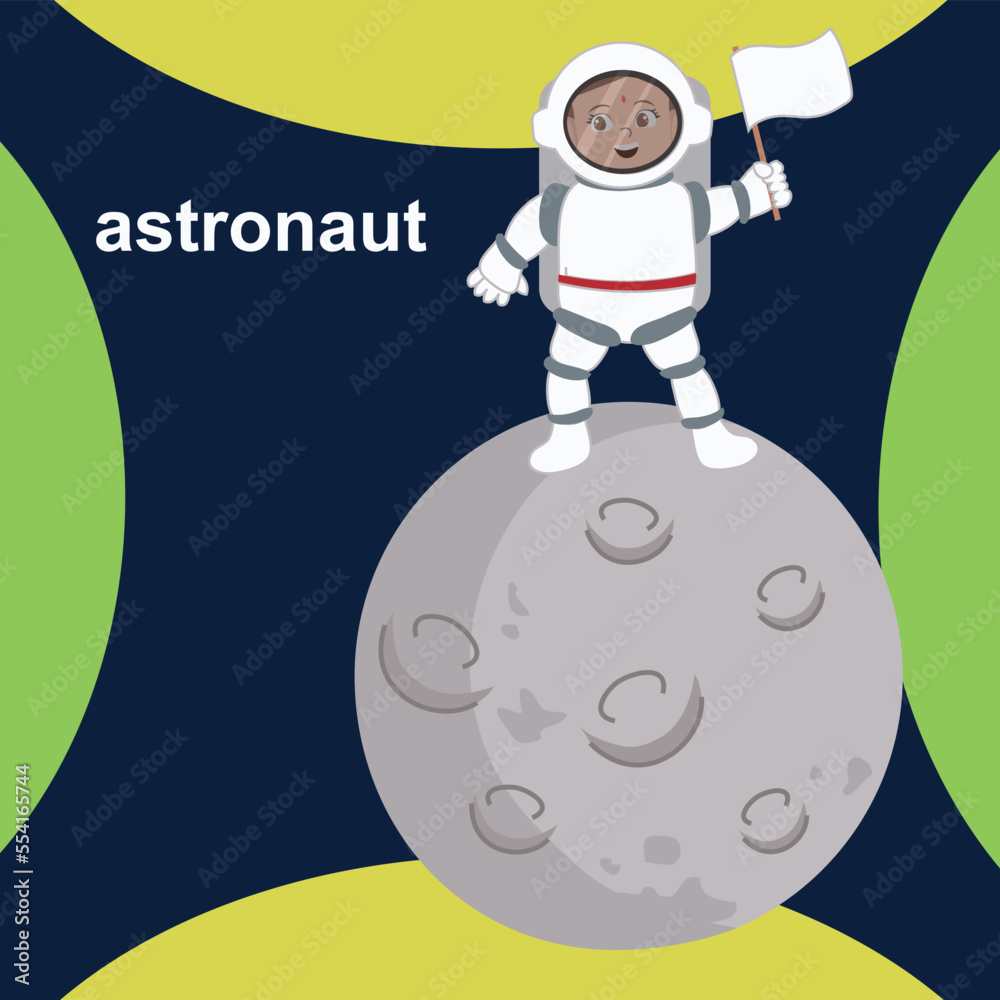 Flashcard kids’ profession dream. an astronaut standing on the moon and ...