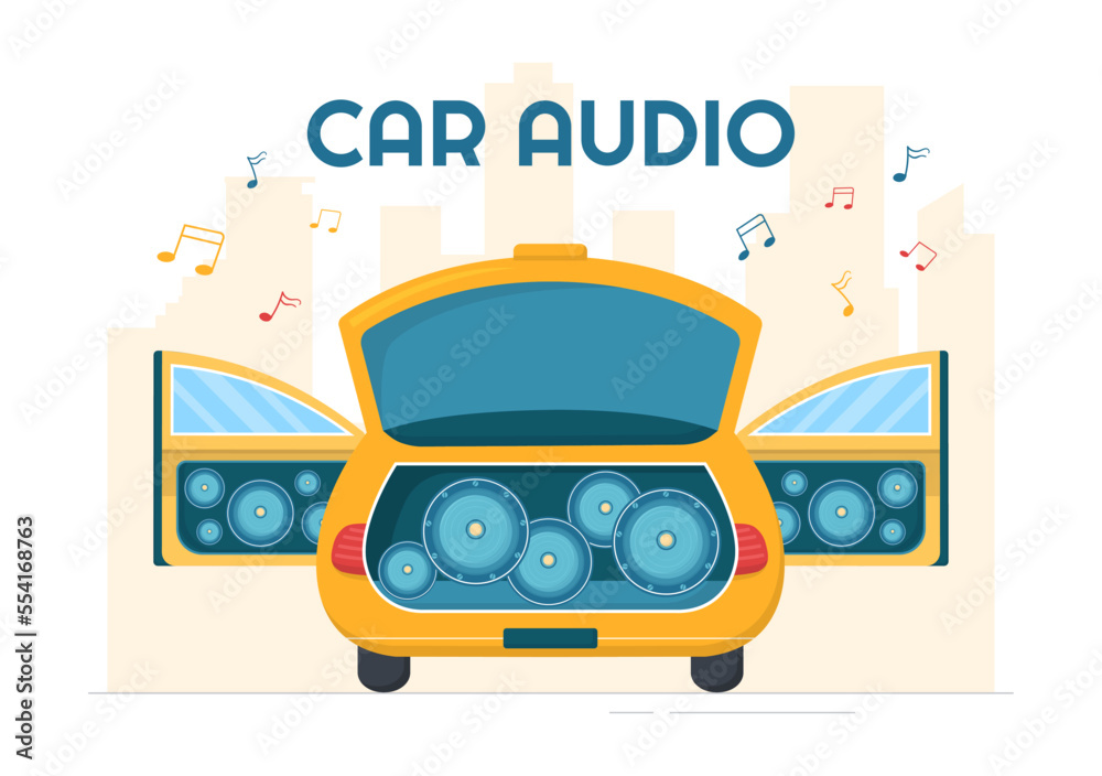 Car Audio with Loud Speakers, Sound System or Music Automobile in Flat ...