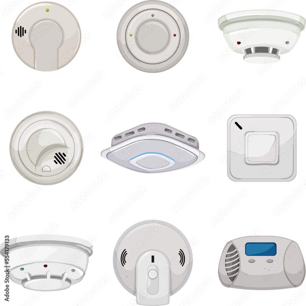 smoke detector set cartoon. fire alarm, sensor home, safety system ...