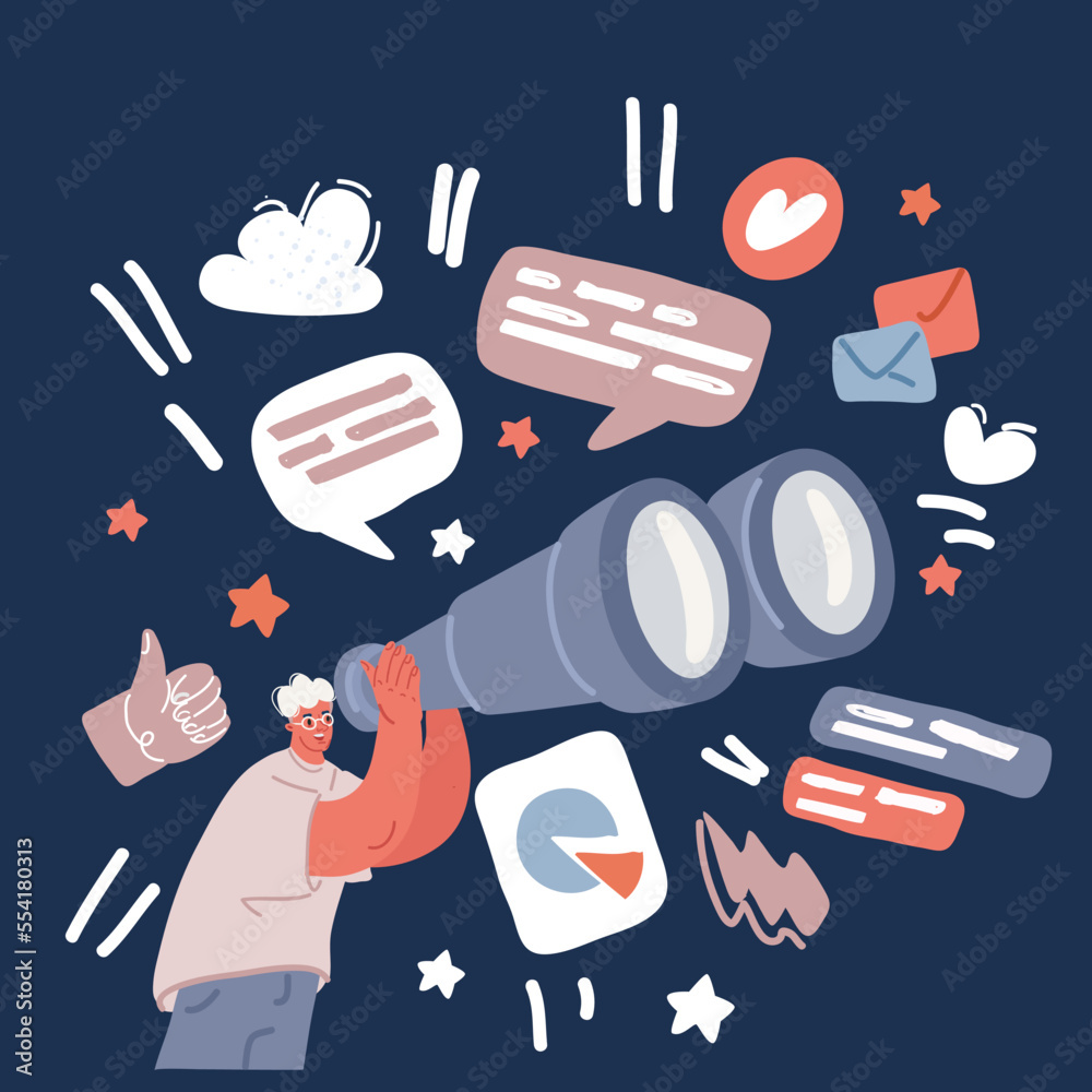 Cartoon vector illustration of portrait of man with looking through ...