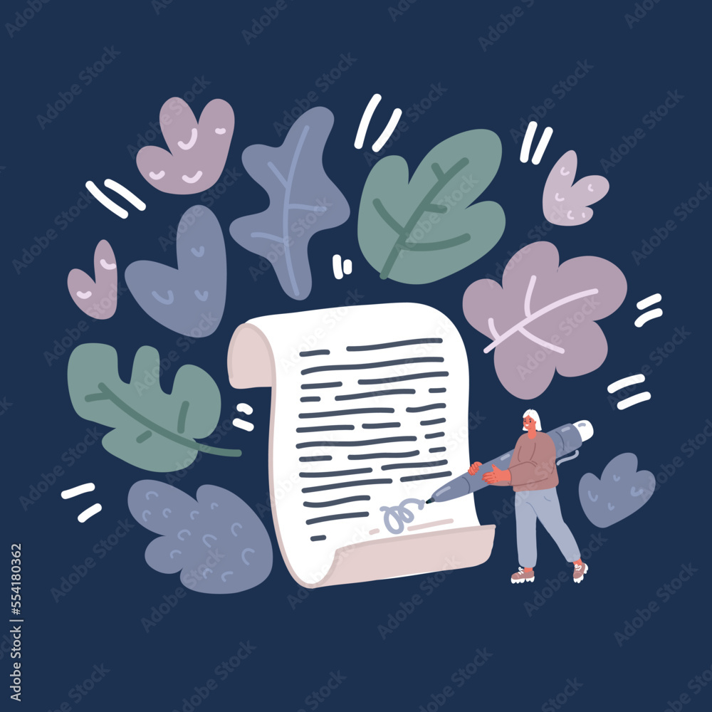 Cartoon vector illustration of woman signing document holdingbig giant ...