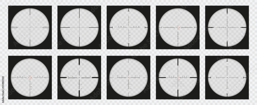 Optical sight view. Sniper scope POV overlay, measurement crosshair and ...