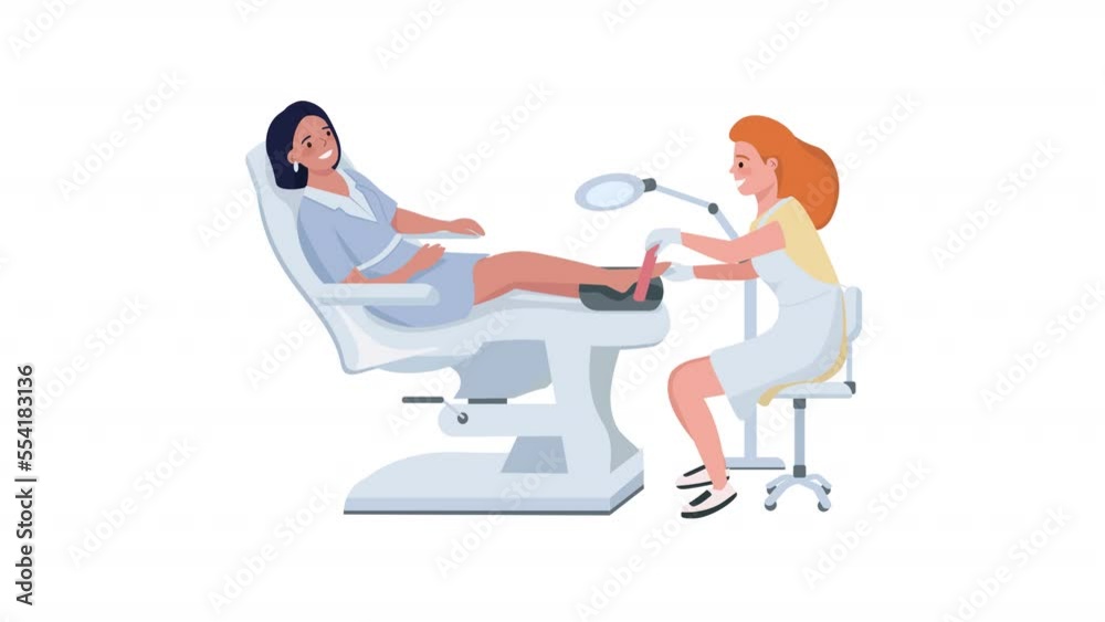 Animated pedicure service characters. Lady during feet care procedures ...