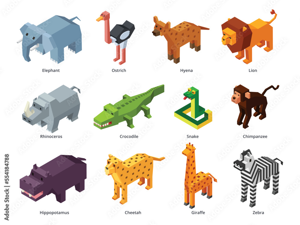 Isometric african animals. Low poly zoo, polygonal alligator, lion and ...