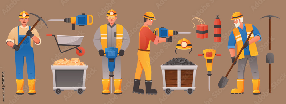 Cartoon miners and equipment. Digger character with mining tools ...