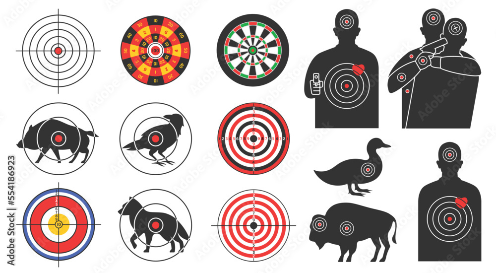 Vetor de Shooting targets. Animal silhouette, armed human and hostage ...