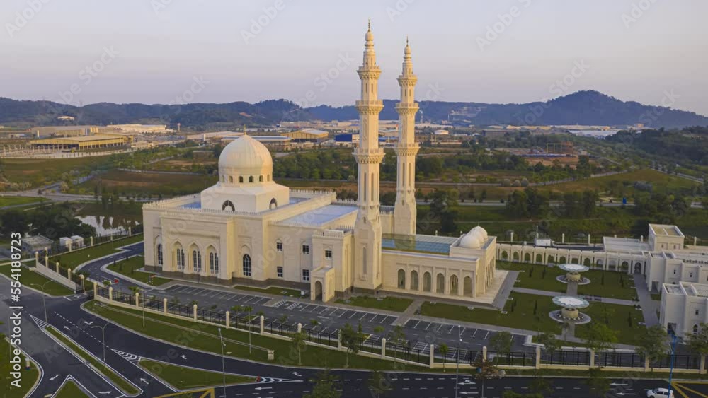 Aerial beautiful sunrise time lapse view of a mosque in Negeri Sembilan ...