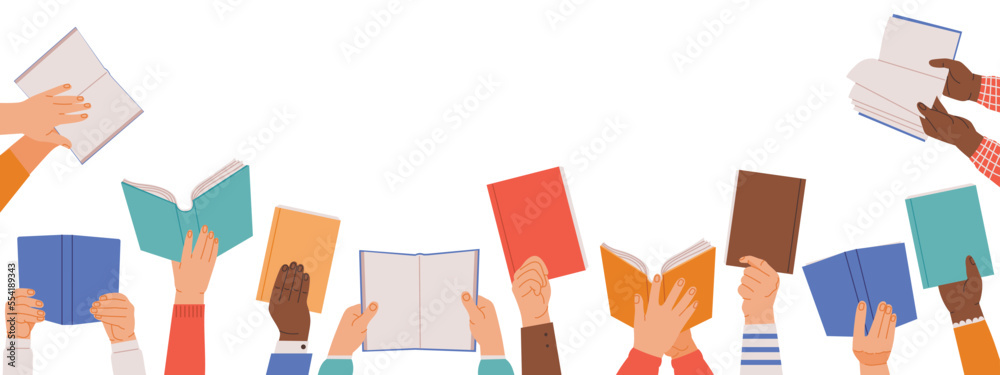 Hands with books. Human holding diary notebook textbook literature ...