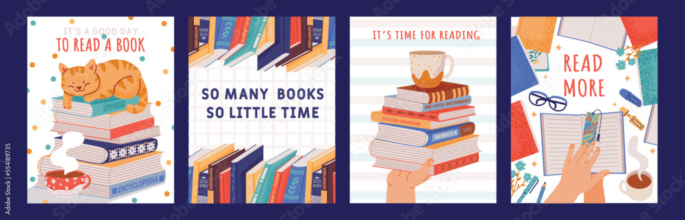 Book posters. Stack of literature flat cartoon school university ...