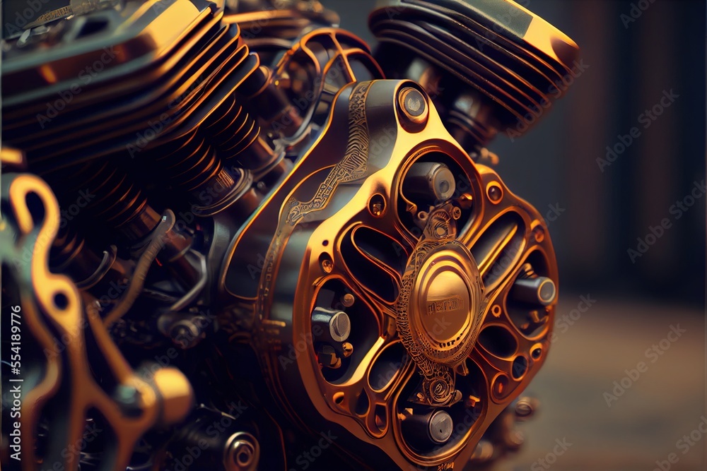 12-12-2022 Riga, Latvia a close up of a gold motorcycle engine with a ...