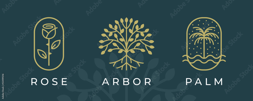 Botanical nature icon set. Modern tree logos. Plant symbols. Rose, palm ...