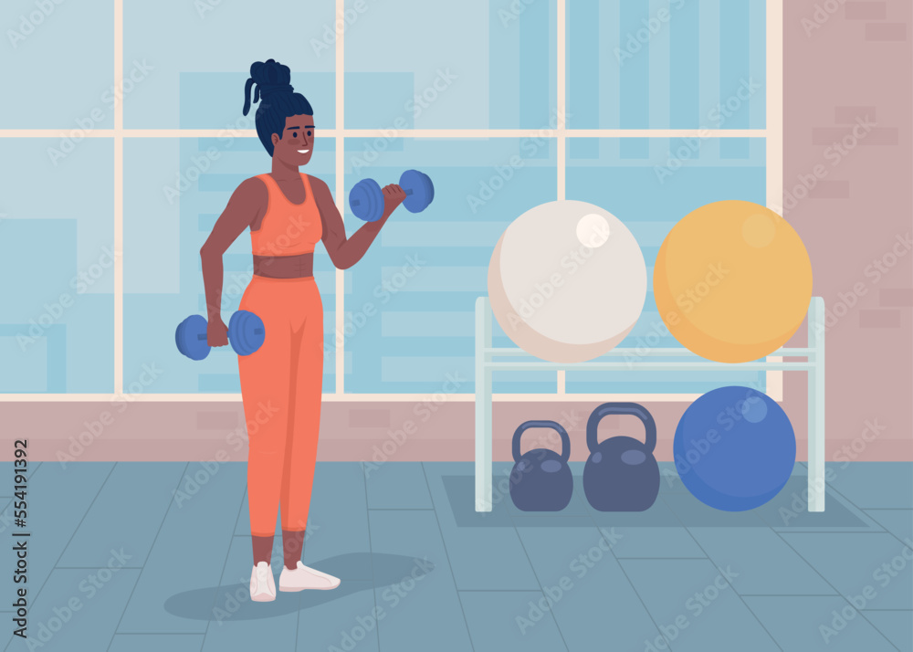 Woman demonstrating biceps flat color vector illustration. strength ...