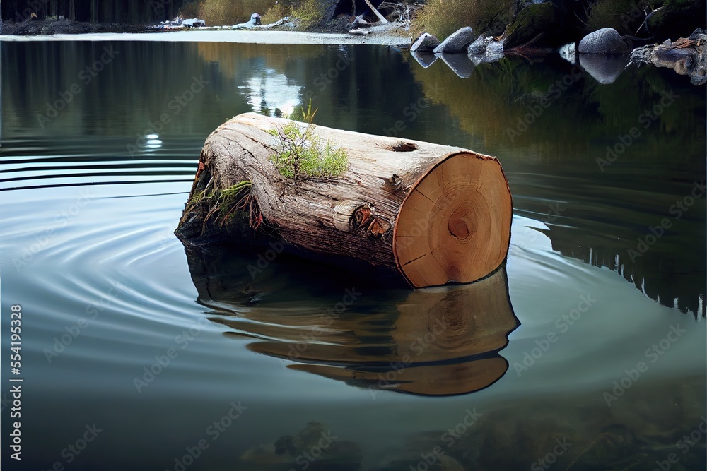 12-12-2022 Riga, Latvia a log floating in a lake with a plant growing ...